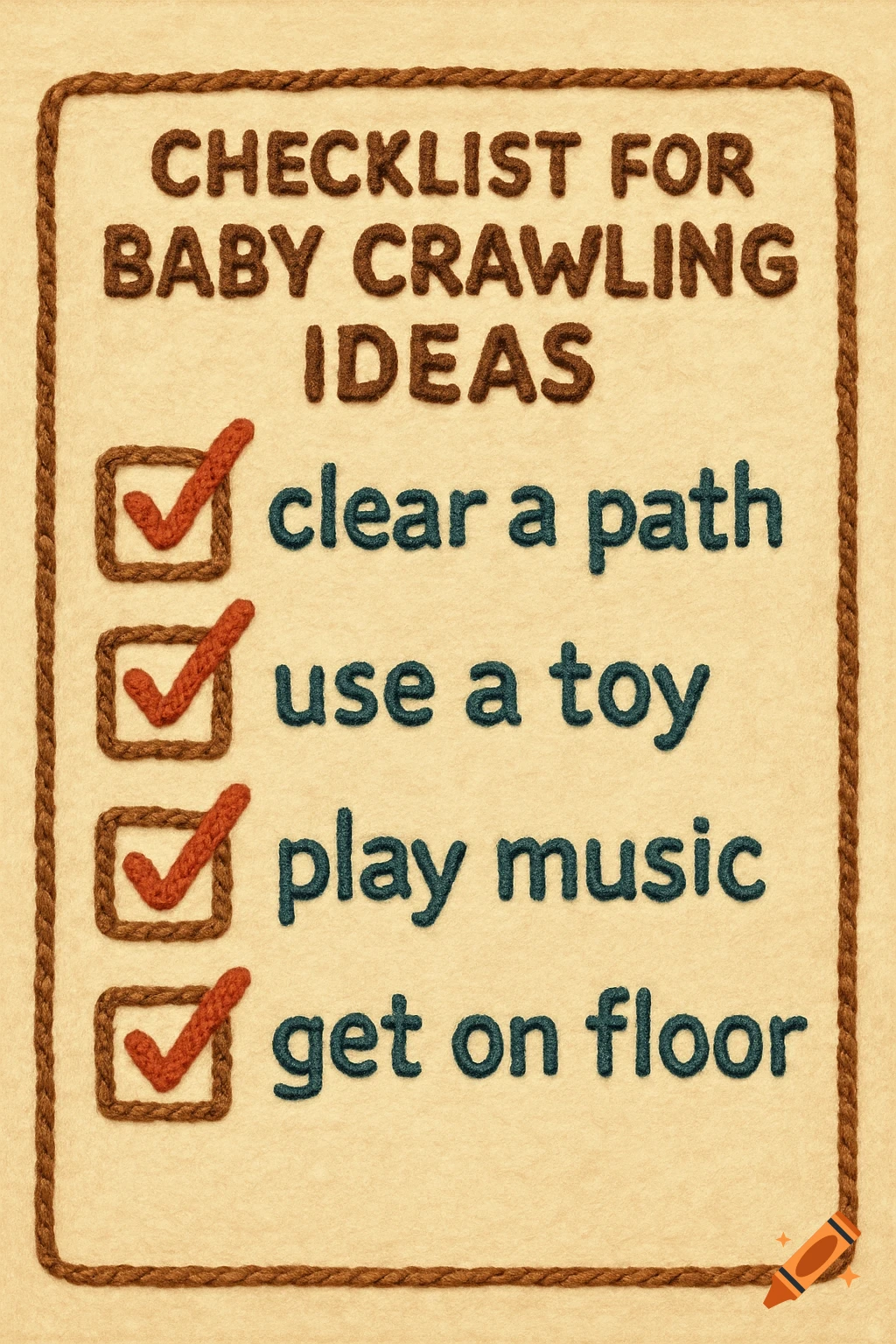 Checklist for baby crawling ideas in a crochet style on a textured ...