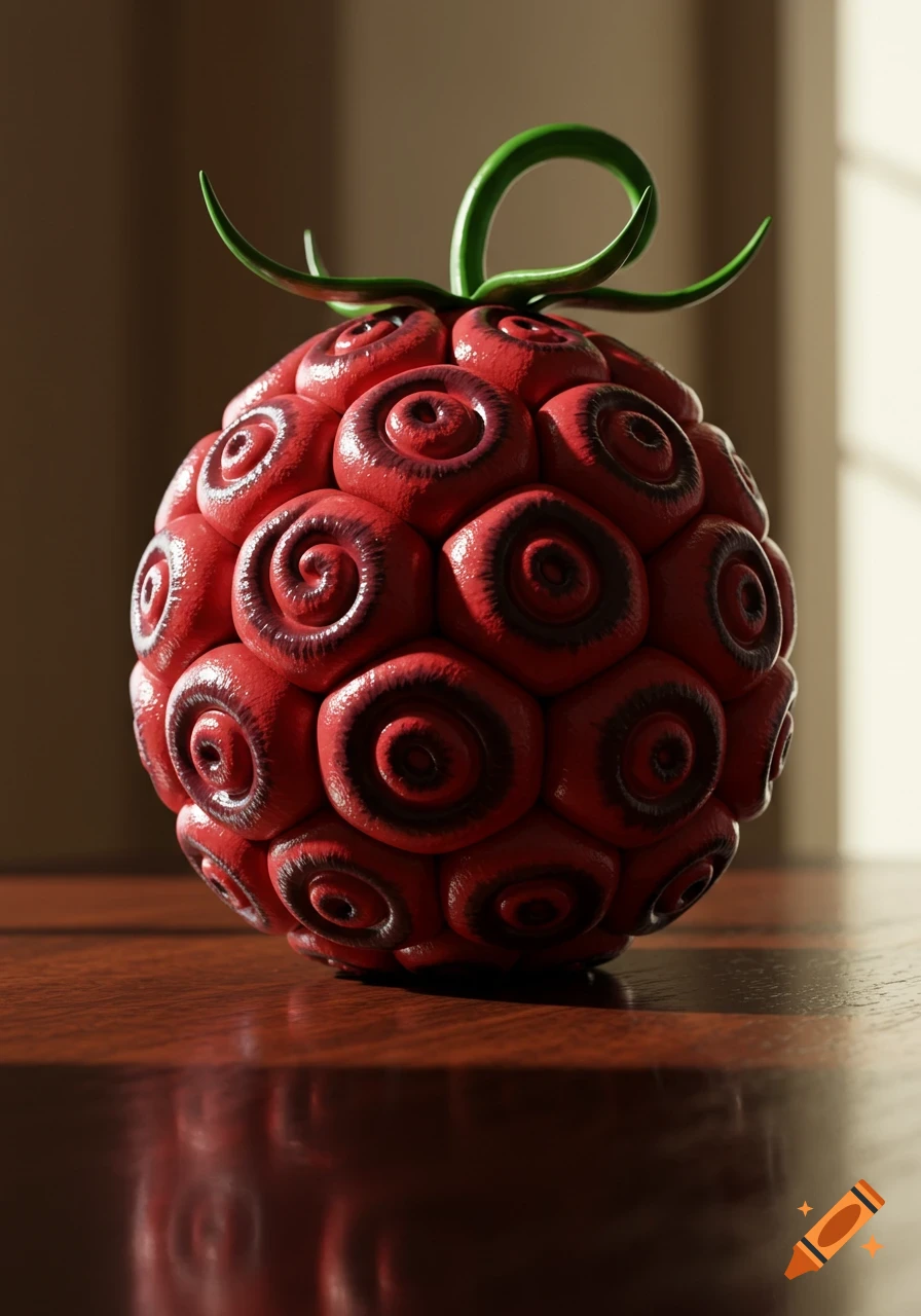 A red devil fruit with swirling patterns on a wooden surface. on Craiyon