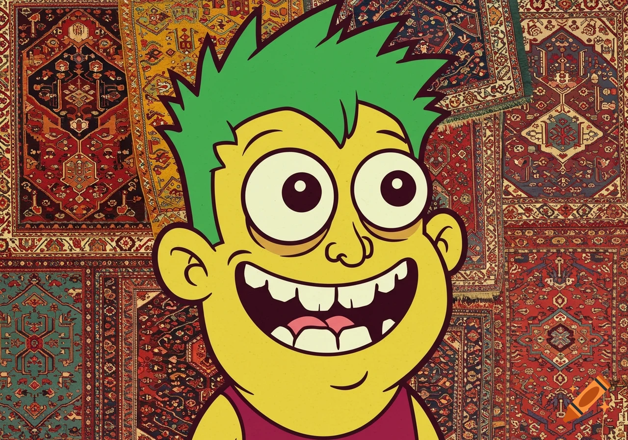 A cartoon character with green hair and a wide grin is set against a ...