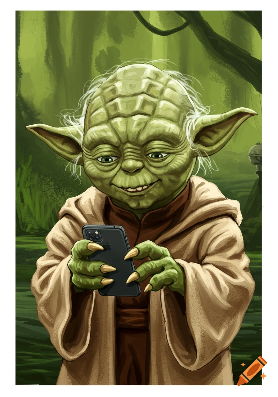 Illustration of Yoda playing on his phone in a swamp on Craiyon