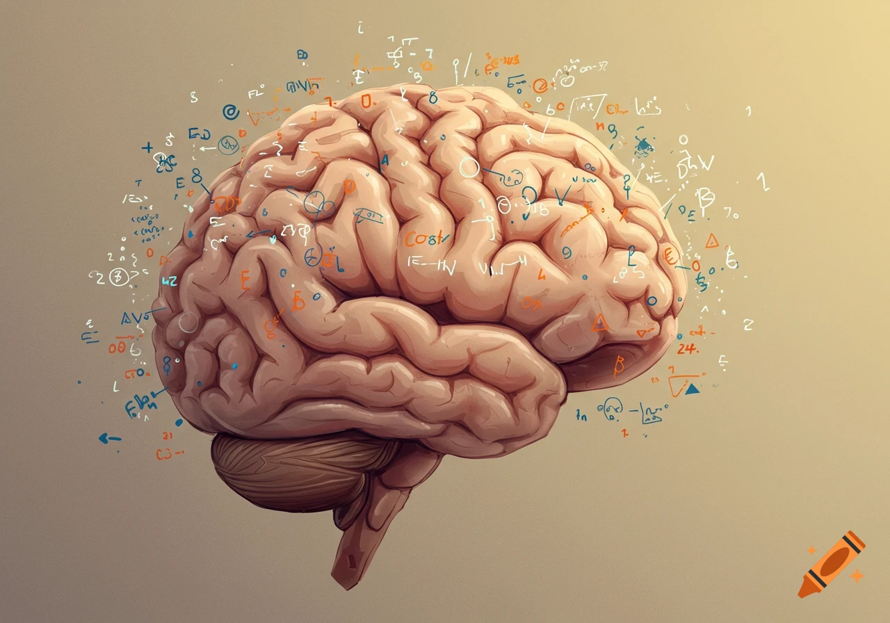 Illustration of a brain surrounded by abstract mathematical symbols and ...