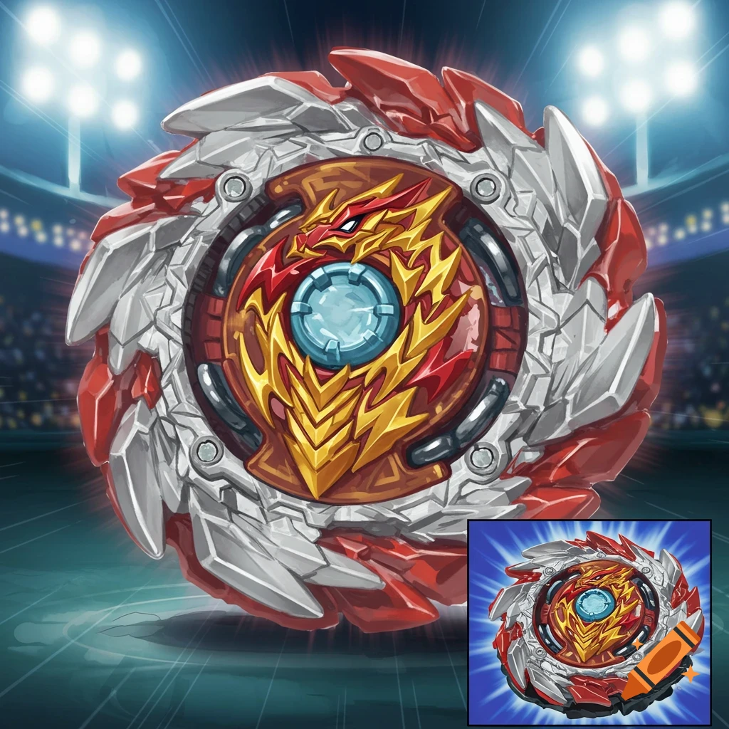 Illustration of a red and silver Beyblade toy with a gold dragon design ...