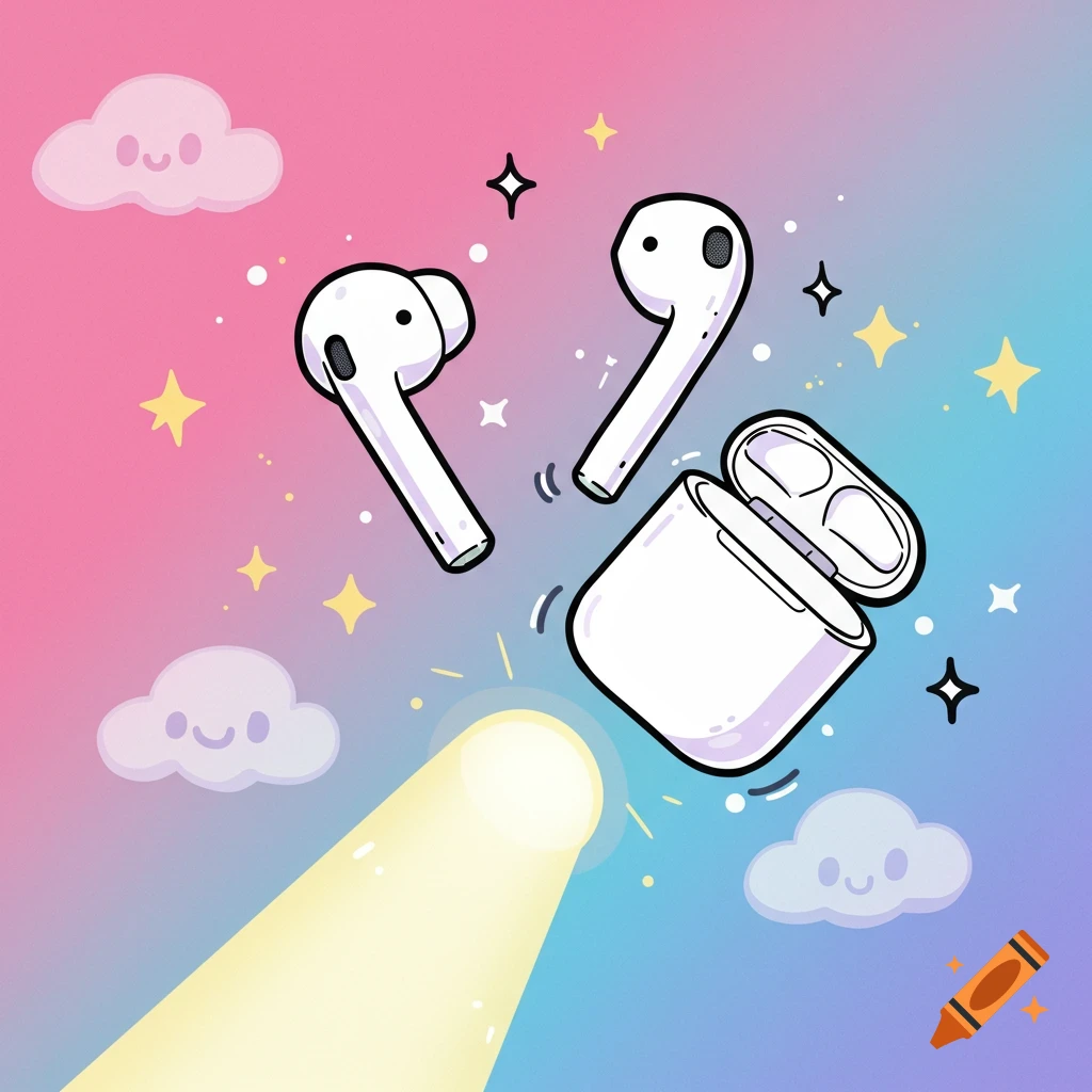 Cartoon style AirPods and case floating with stars and cute clouds on a ...