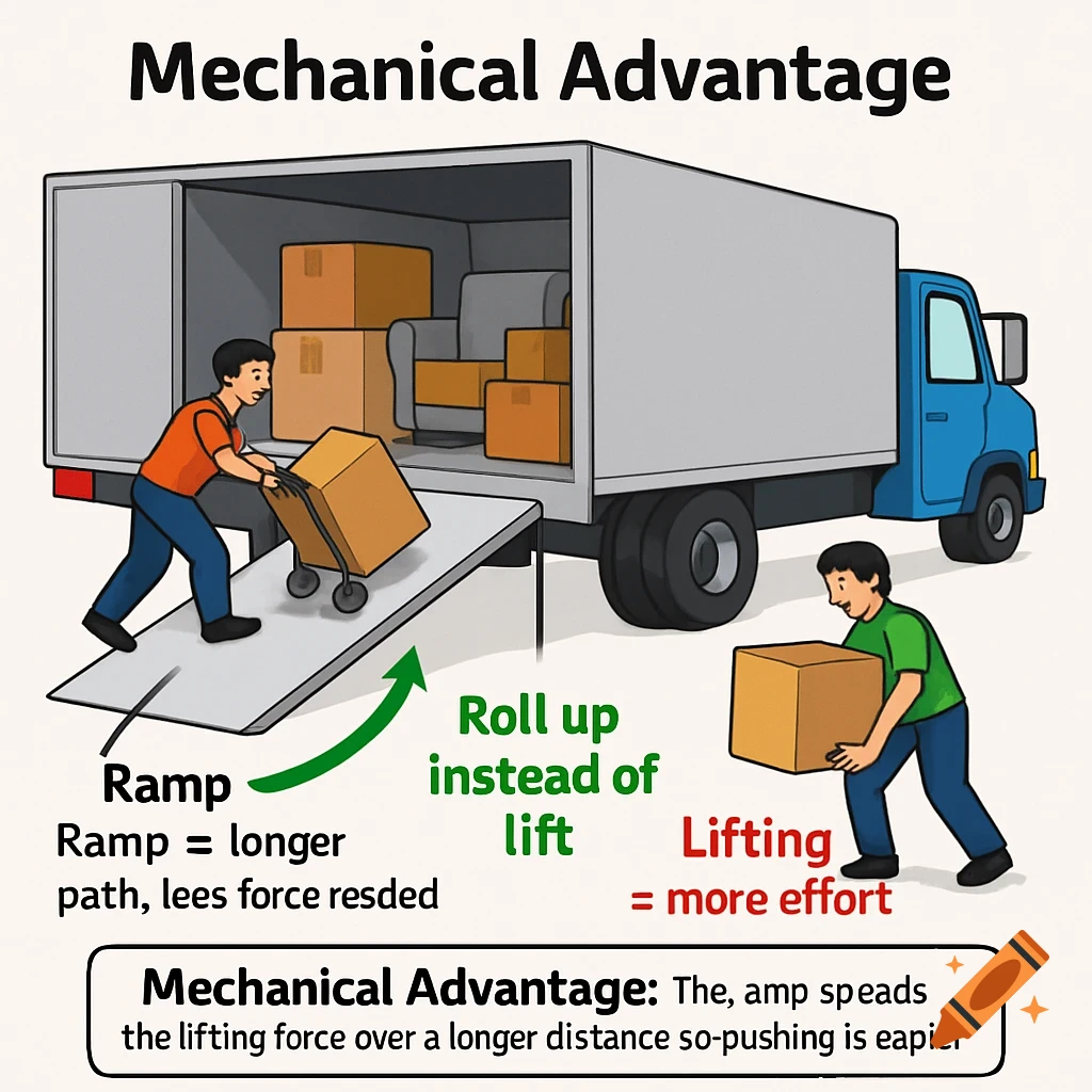 Illustration shows mechanical advantage: using a ramp to push a box ...