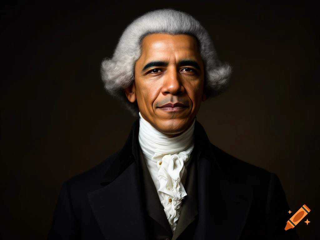 Portrait of Barack Obama wearing an 1800s powdered wig and suit. on Craiyon