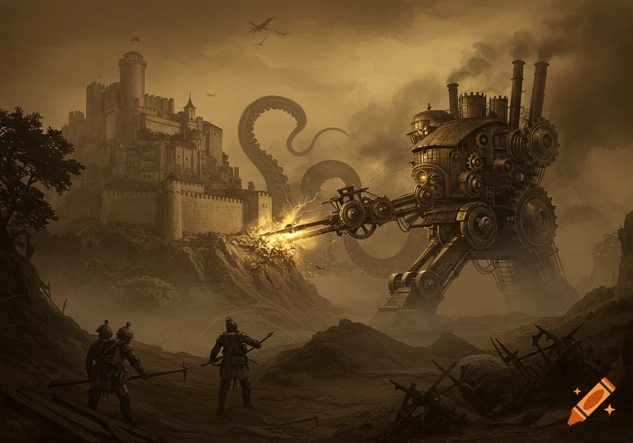 Steampunk mech fights giant octopus attacking a castle, two figures ...