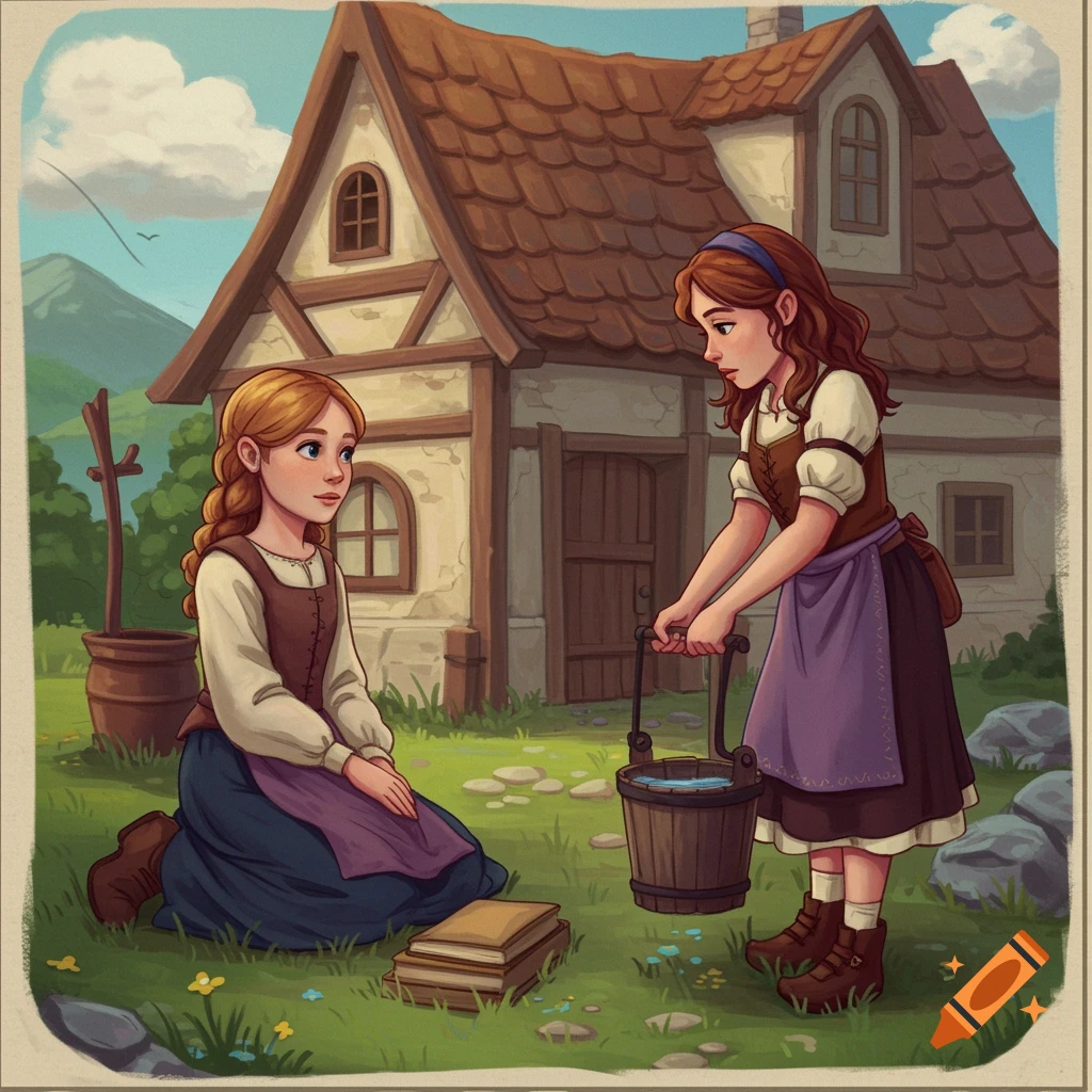 Two girls in simple dresses outside a rustic house with a well ...