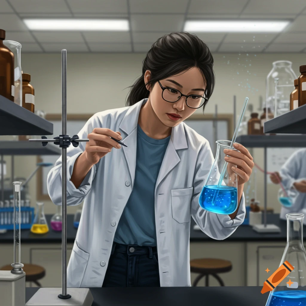 A student in a lab coat holds a beaker of blue liquid in a chemistry ...