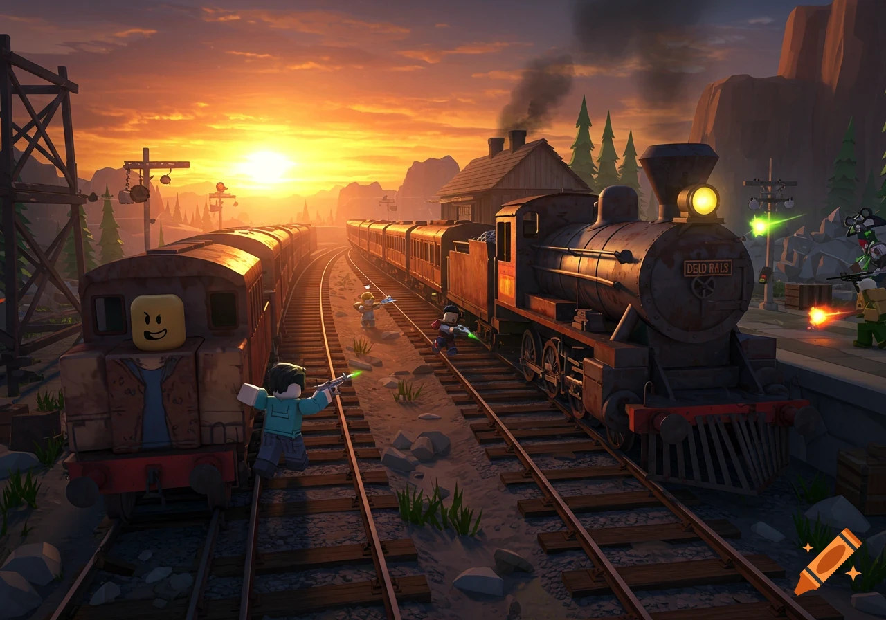 Roblox-style characters battle around steam and diesel trains at sunset ...