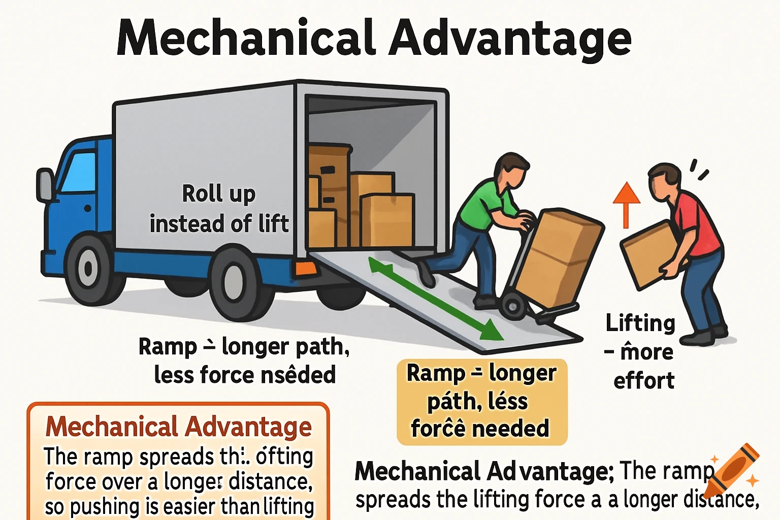 Illustration showing mechanical advantage: using a ramp to push a box ...