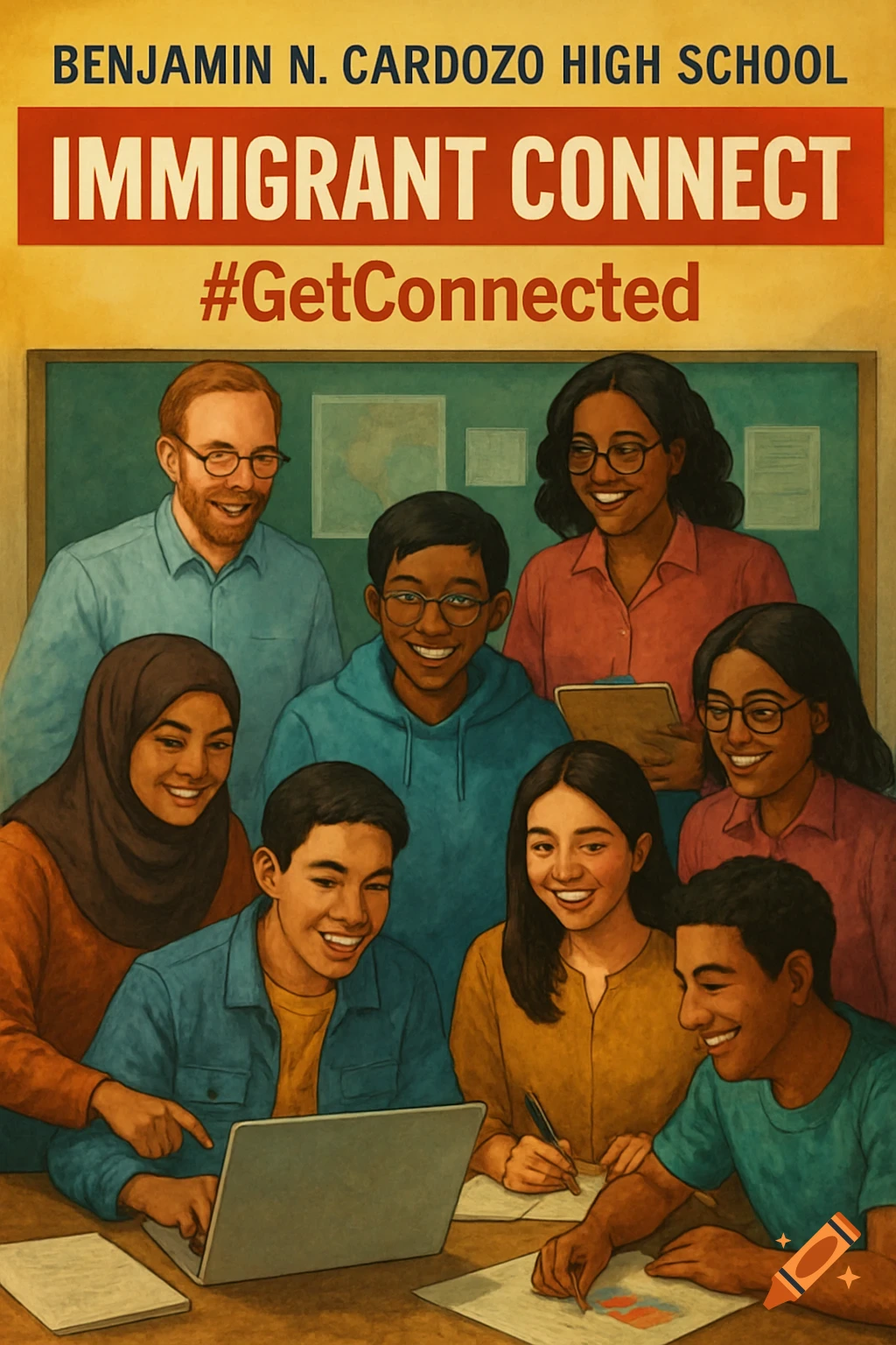 Illustration poster for 'Immigrant Connect' at Benjamin N. Cardozo High ...
