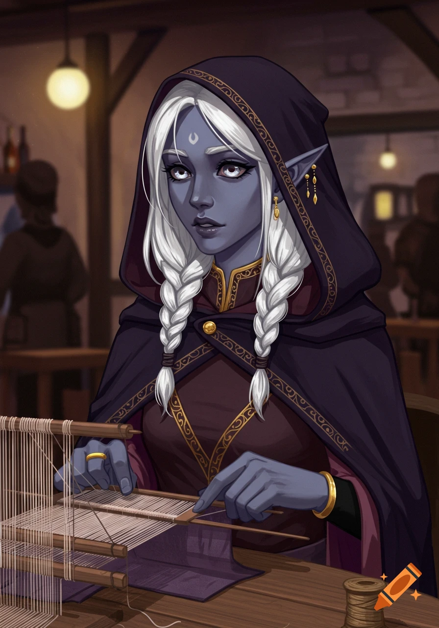 A drow woman in a hooded cloak weaves at a table in a tavern. Stylized ...
