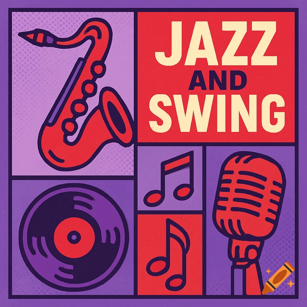 Pop art graphic with grid layout, saxophone, text 'JAZZ AND SWING ...