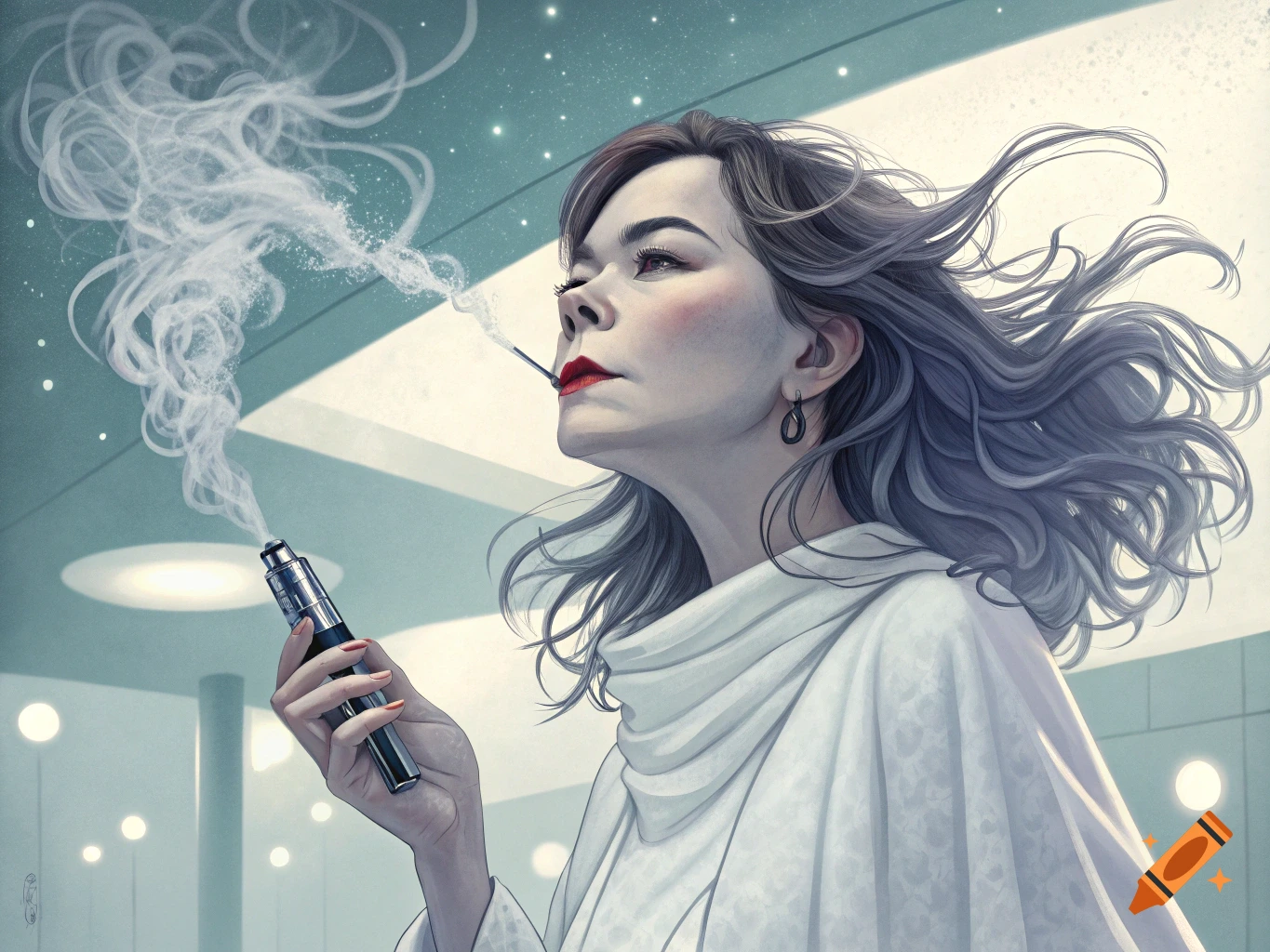 Stylized portrait of a woman vaping, with smoke swirling and hair ...
