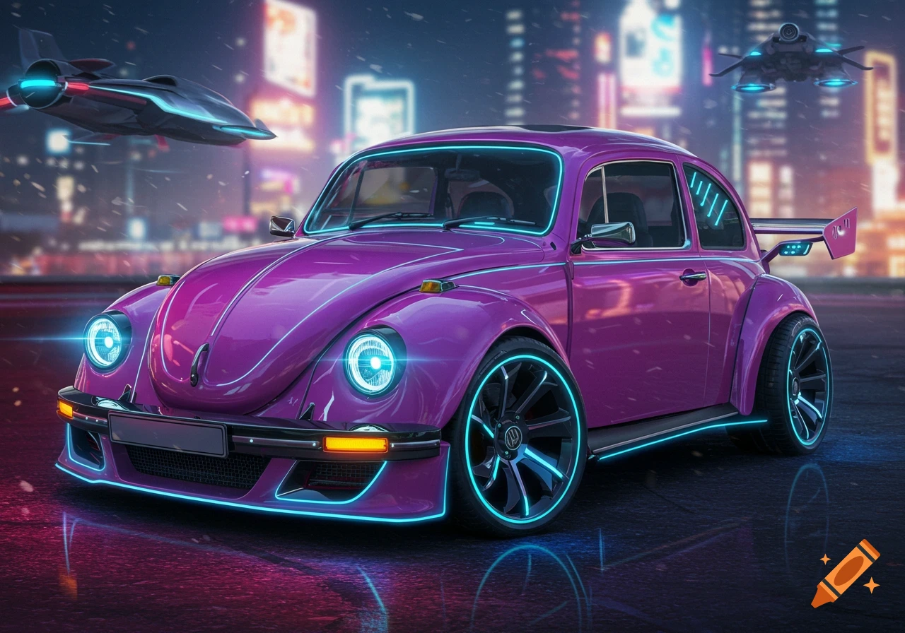 A purple Volkswagen Beetle with neon blue lights drives through a ...