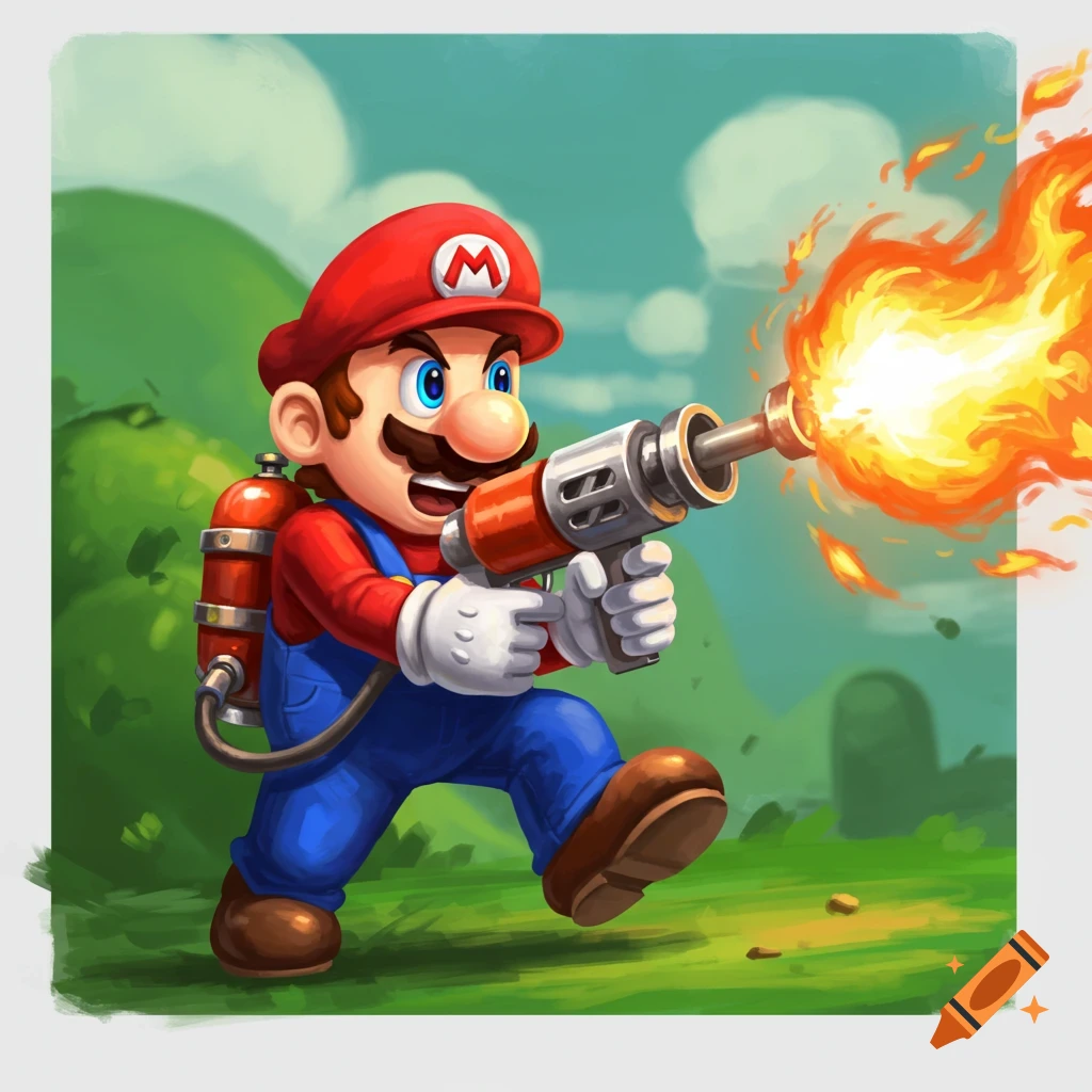 Cartoon drawing of Mario running and firing a flamethrower on Craiyon