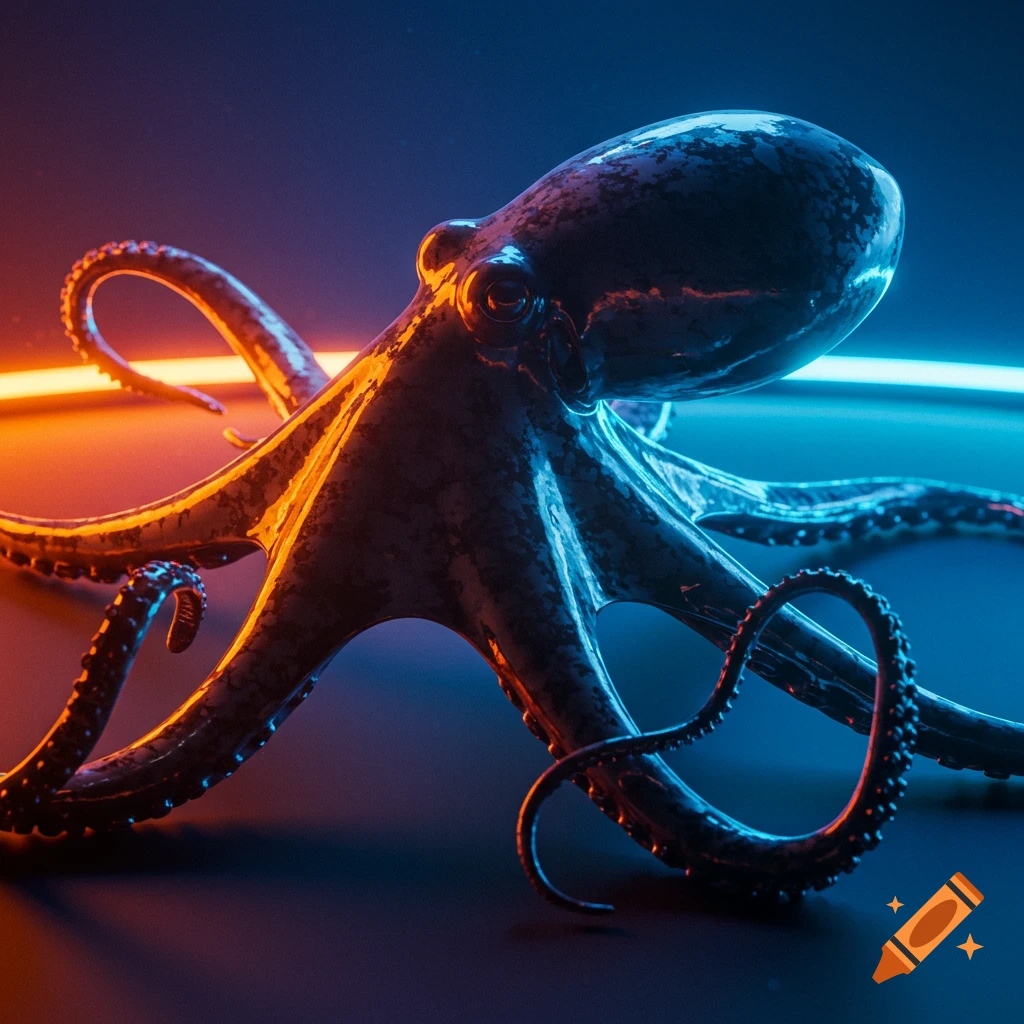 Smooth shiny metal octopus reflecting orange and blue neon light on Craiyon