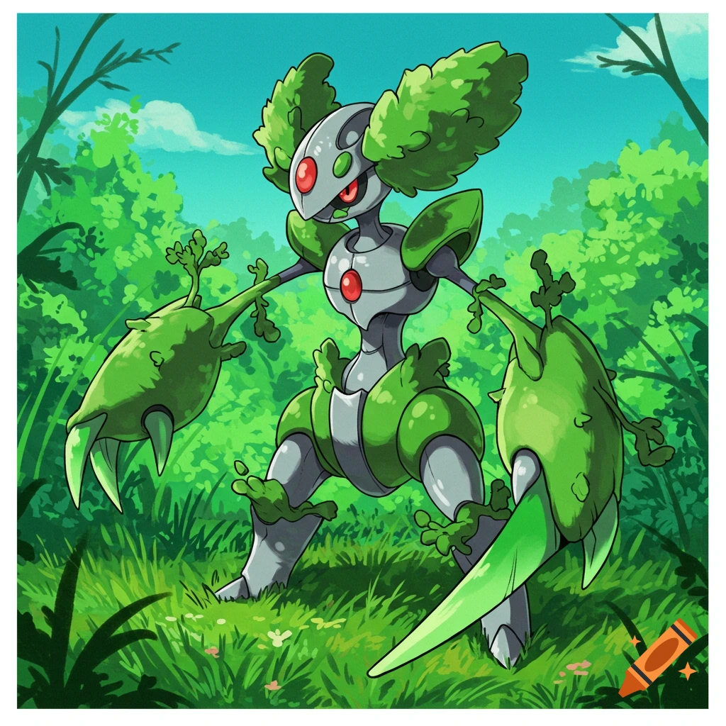 Illustration of a grass and steel type creature similar to a Pokémon in ...