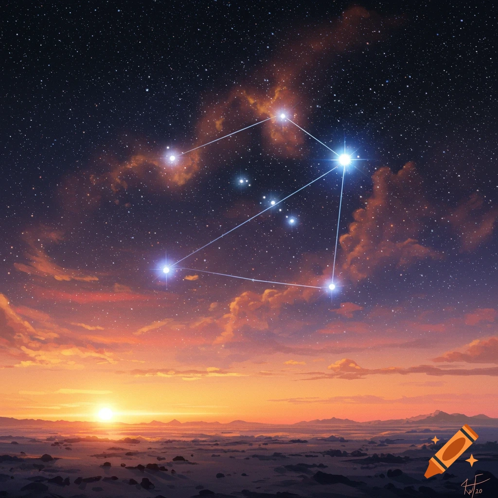 A bright constellation shines in a starry sky above a landscape during sunrise or sunset. on Craiyon