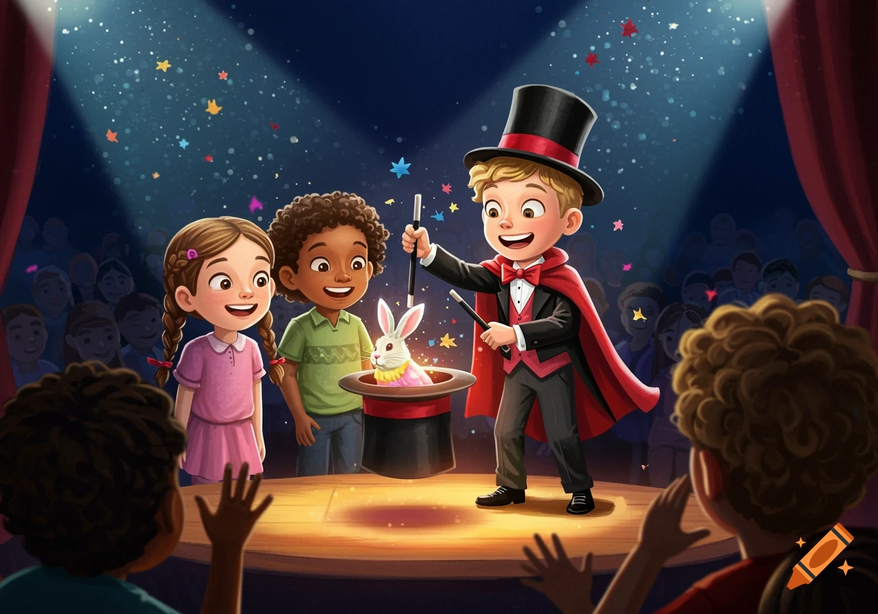 An illustration of a boy magician pulling a rabbit from a hat on stage ...