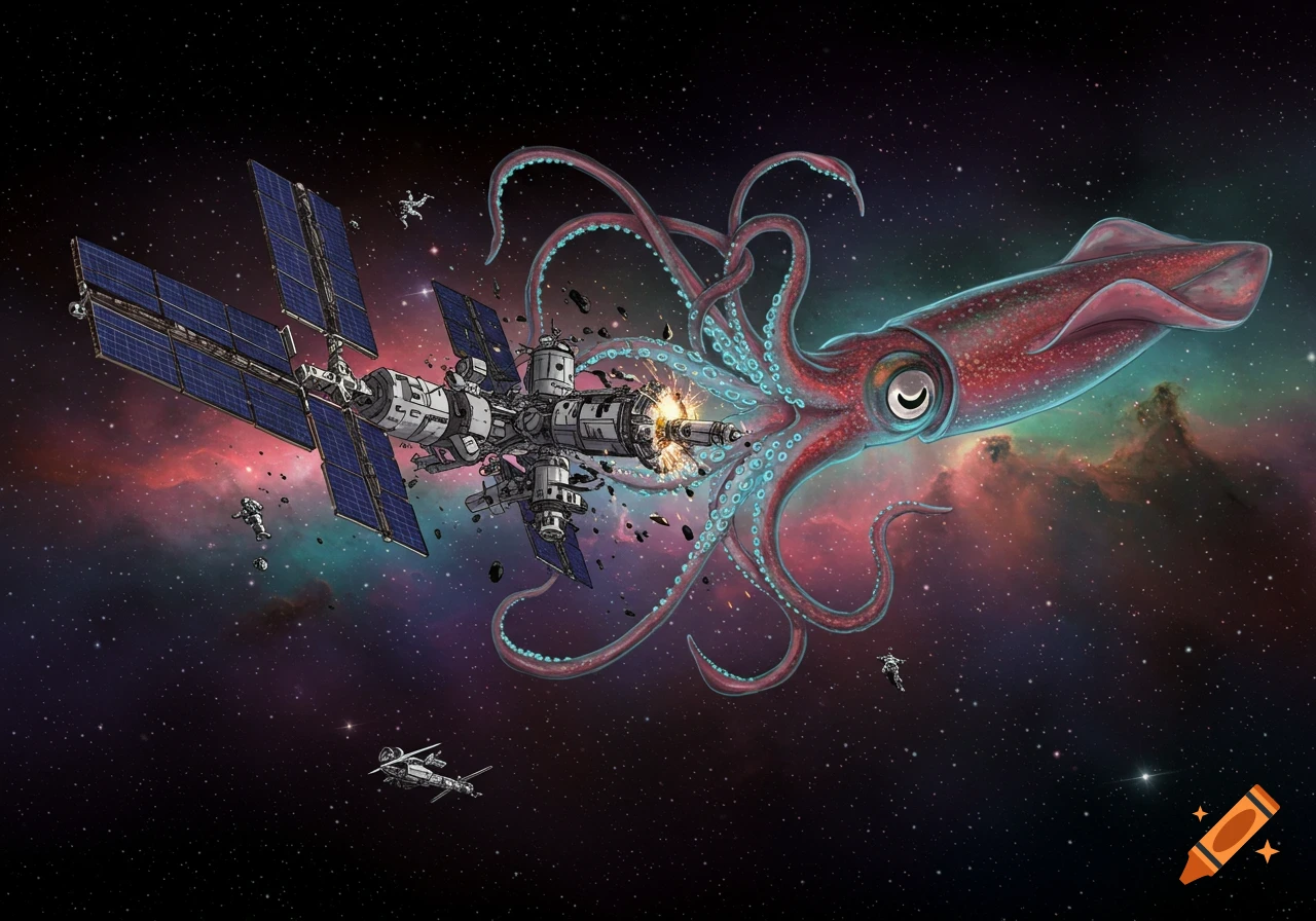 A giant squid attacks a space station in space with astronauts nearby, illustrated in a sci-fi ...