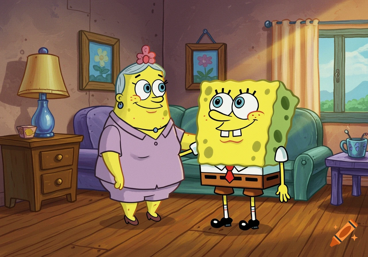 Cartoon of Spongebob Squarepants and a woman standing in a living room ...