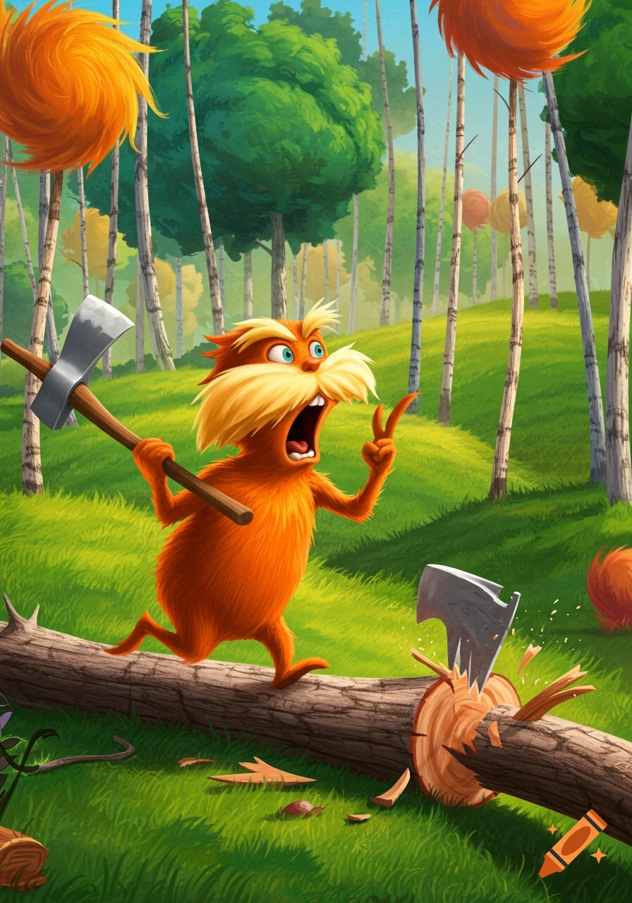Cartoon character, The Lorax, stands over a fallen log with an axe ...