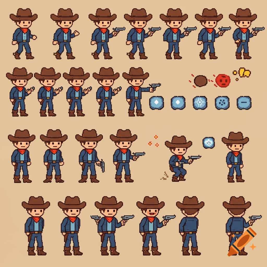 Pixel art sprite sheet of a cowboy character in various poses and ...
