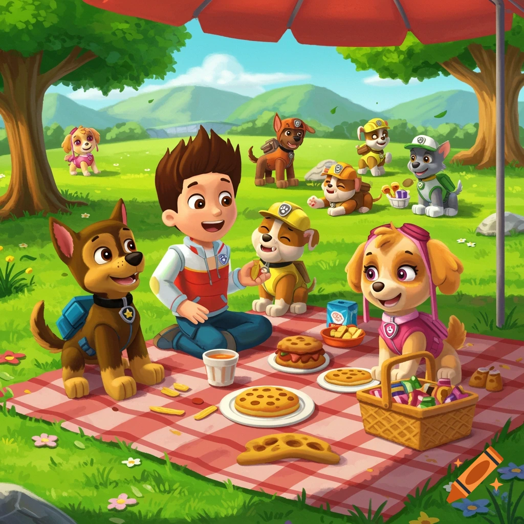 A cartoon illustration of Ryder and Paw Patrol pups having a picnic in ...