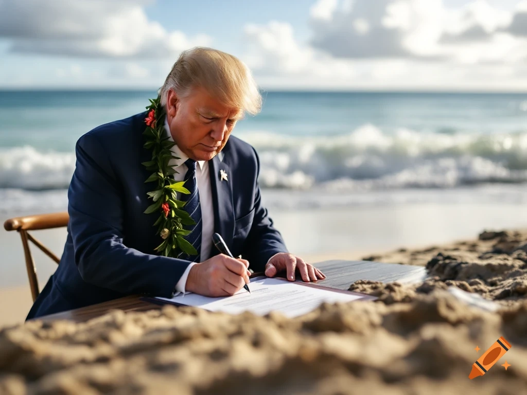 Donald Trump signing a document on a beach in Hawaii, wearing a suit ...