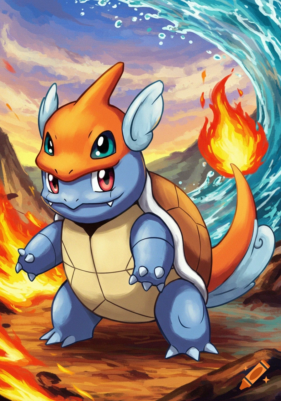 A hybrid Charmeleon and Wartortle pokemon creature between fire and ...