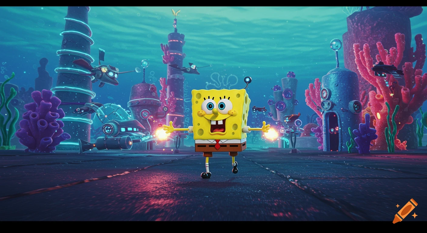 SpongeBob SquarePants stands in a futuristic underwater city with ...