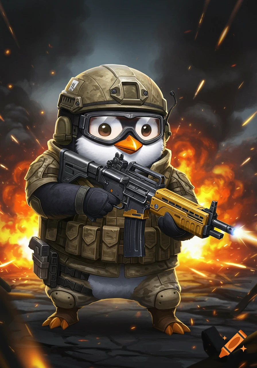 Cartoon penguin in tactical gear holding a rifle in a warzone. on Craiyon