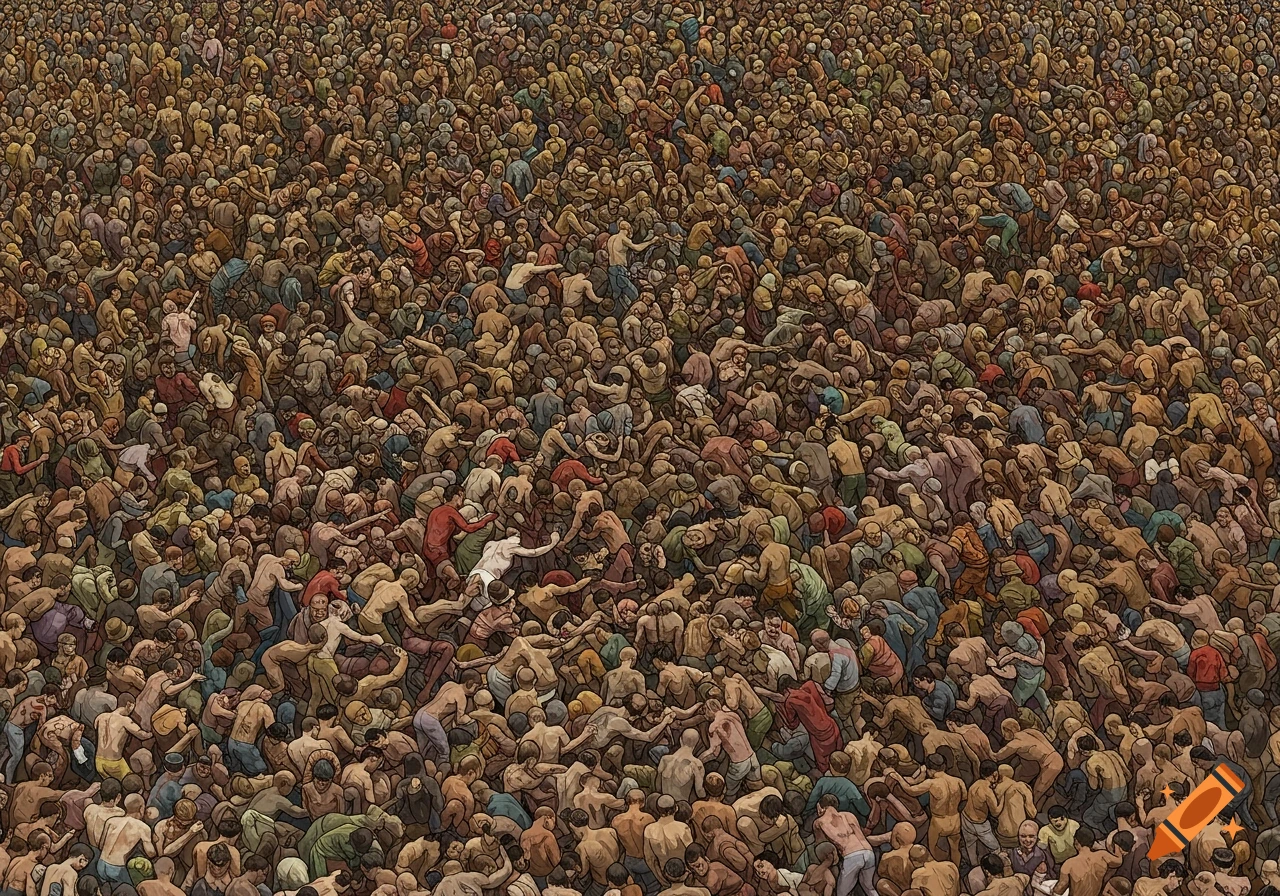 Illustration of countless tiny people crawling over each other in a ...