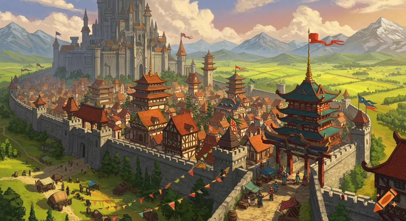 A walled medieval fantasy city with mixed European and Asian ...