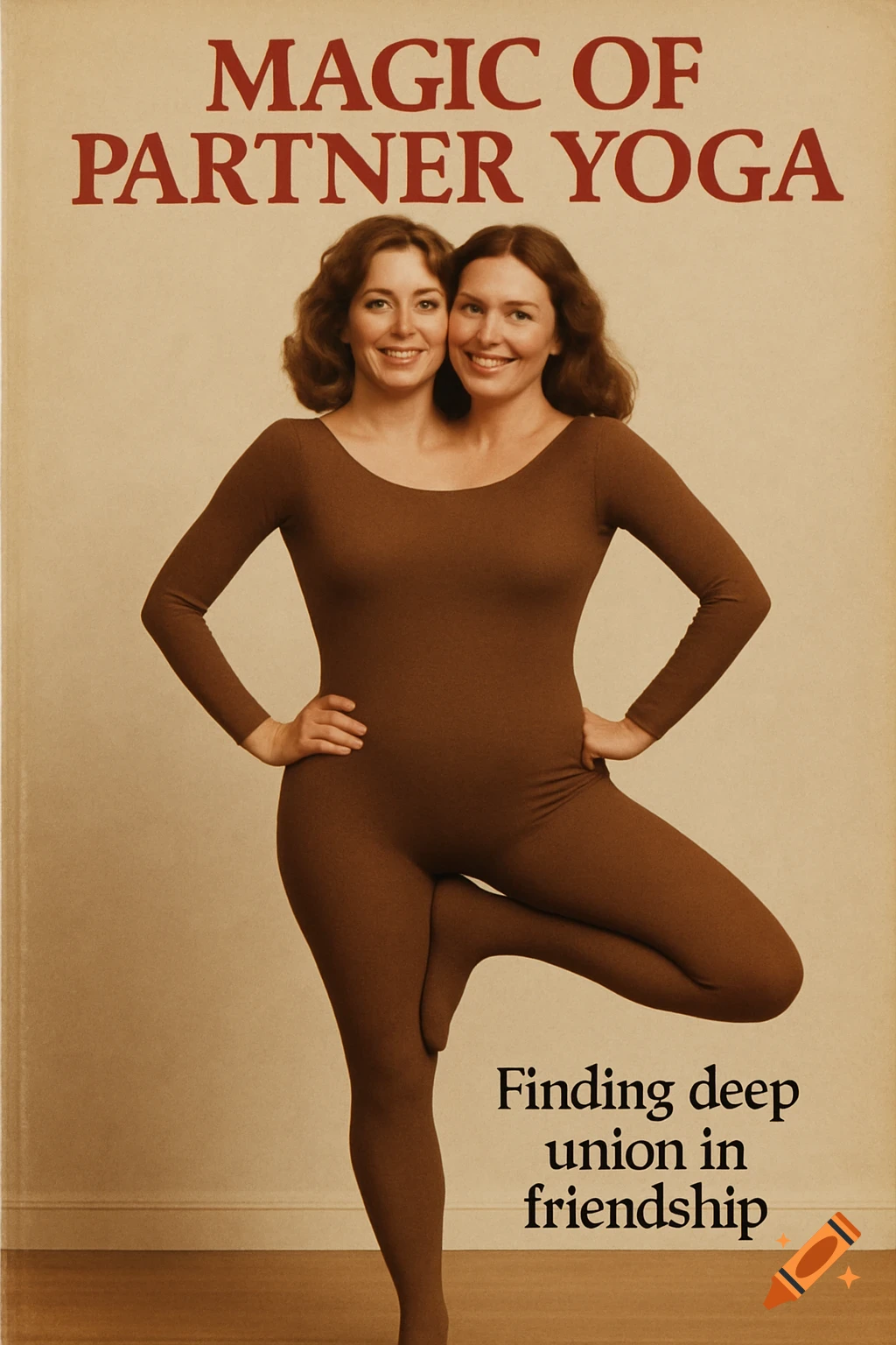 Two women merged into one body in a yoga pose, vintage book cover style ...