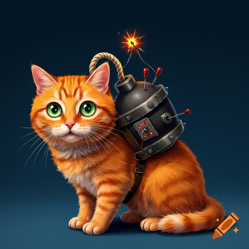 A cartoon orange tabby cat sits with a bomb strapped to its back, fuse ...