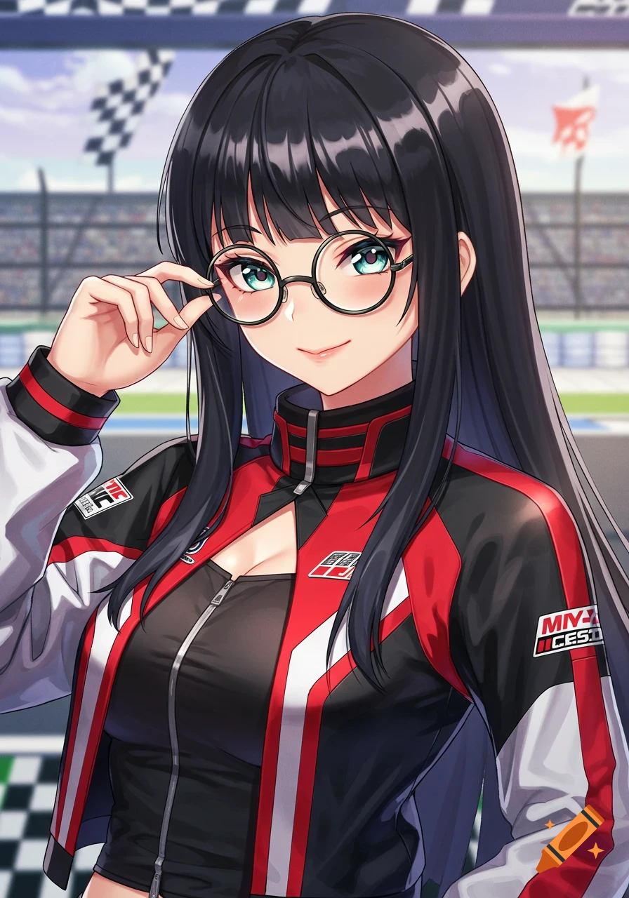 Anime girl with glasses in a racing jacket at a racetrack. on Craiyon