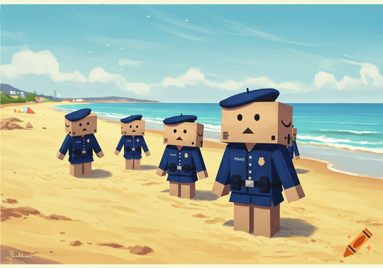 Cardboard cutout police officers stand on a sandy beach near the ocean ...