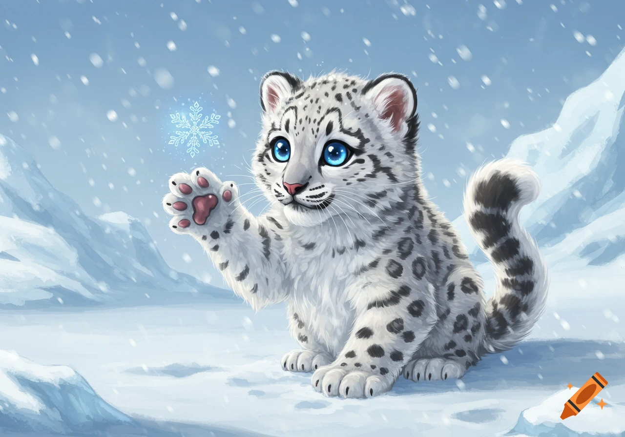 A cute snow leopard cub reaches for a snowflake in a snowy landscape ...