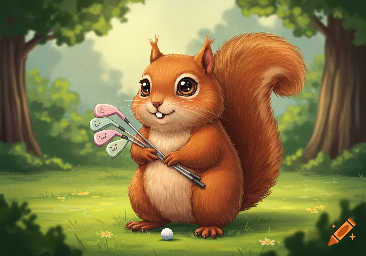 A cute cartoon squirrel stands on a golf course holding several golf ...