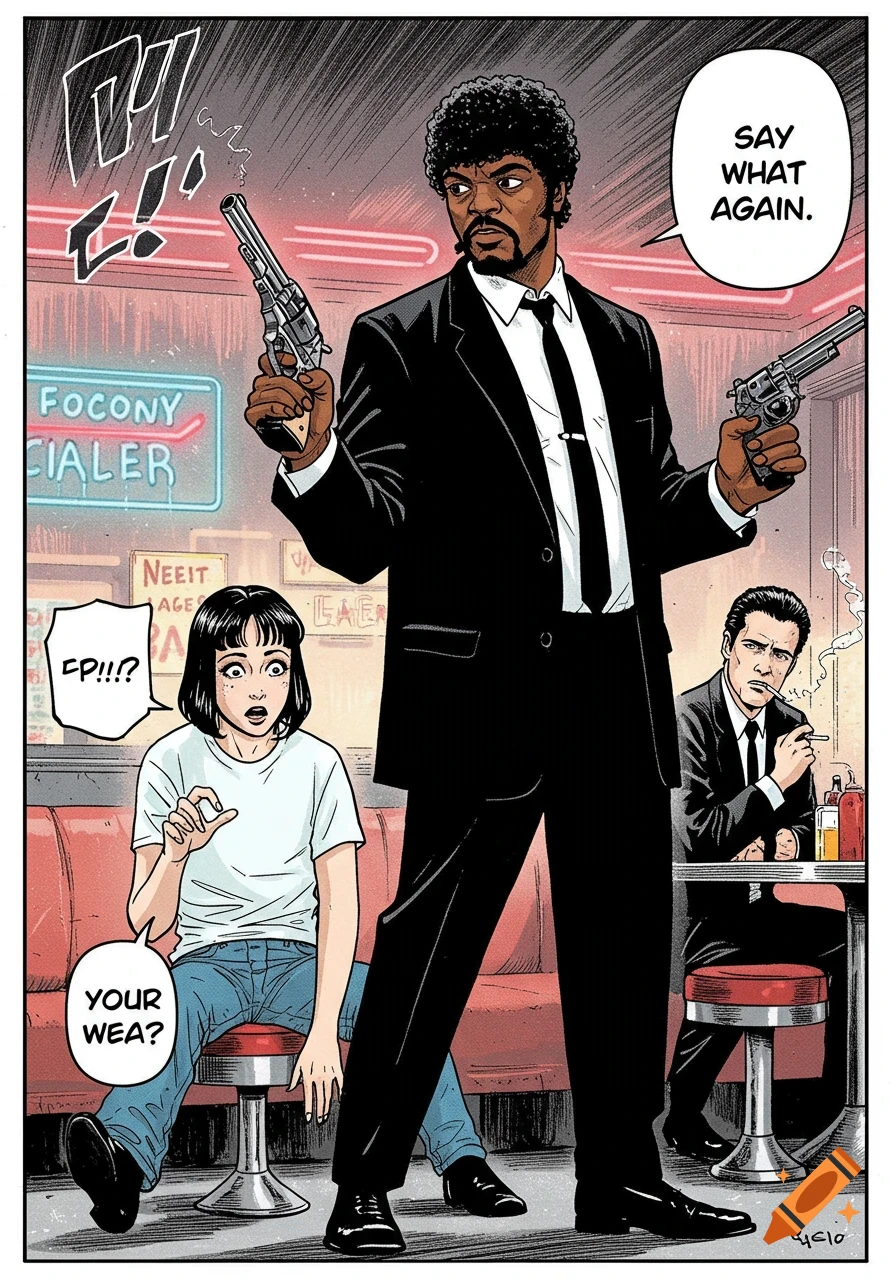 Manga style illustration of characters from Pulp Fiction in a diner ...