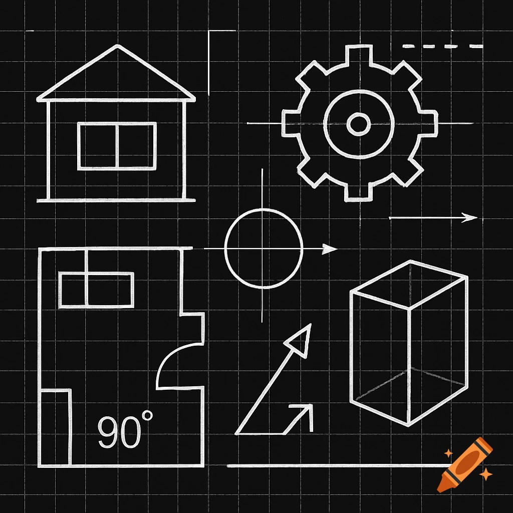 Technical drawing on black grid paper showing outlines of a house ...