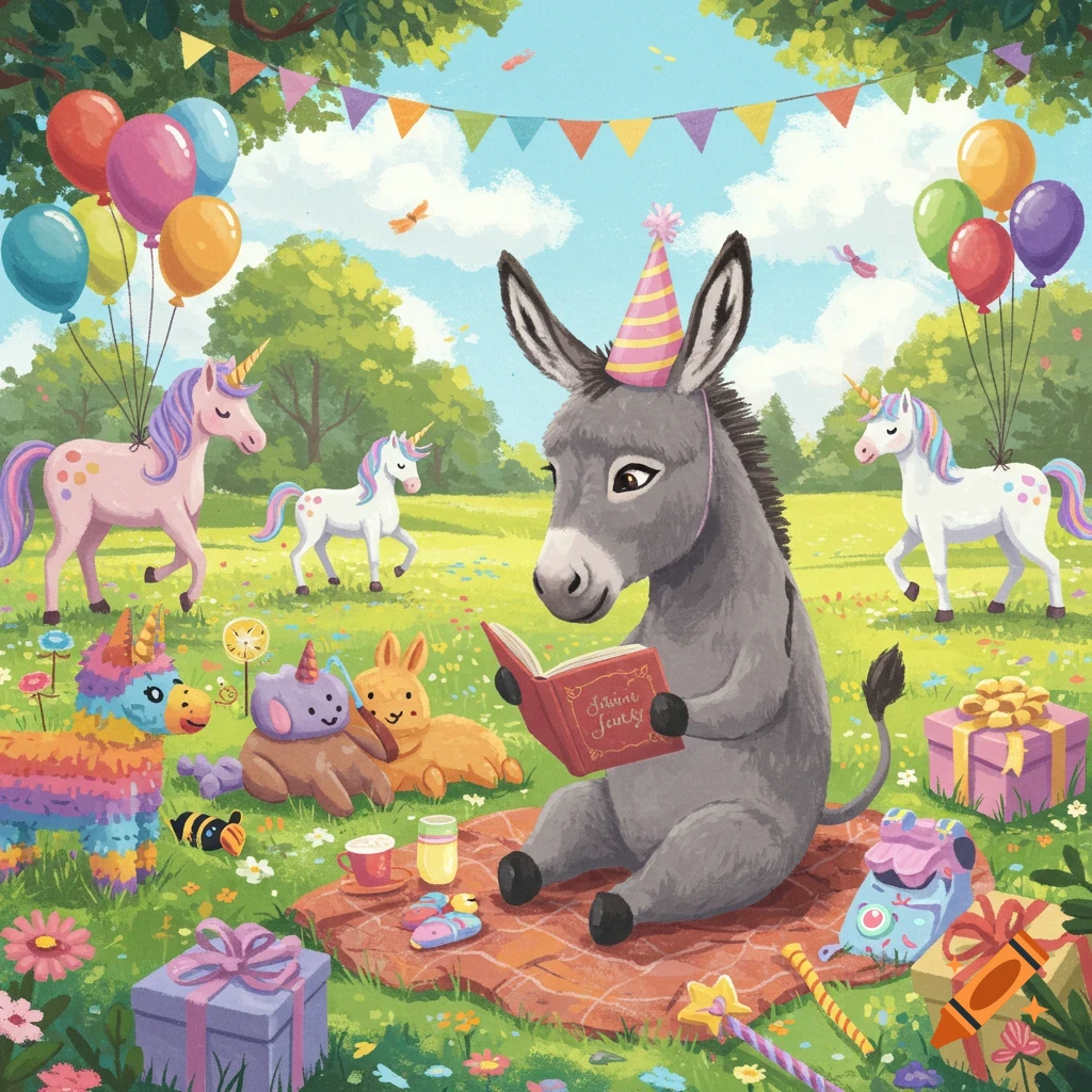 Illustration of a donkey reading a book at a colourful unicorn party in ...
