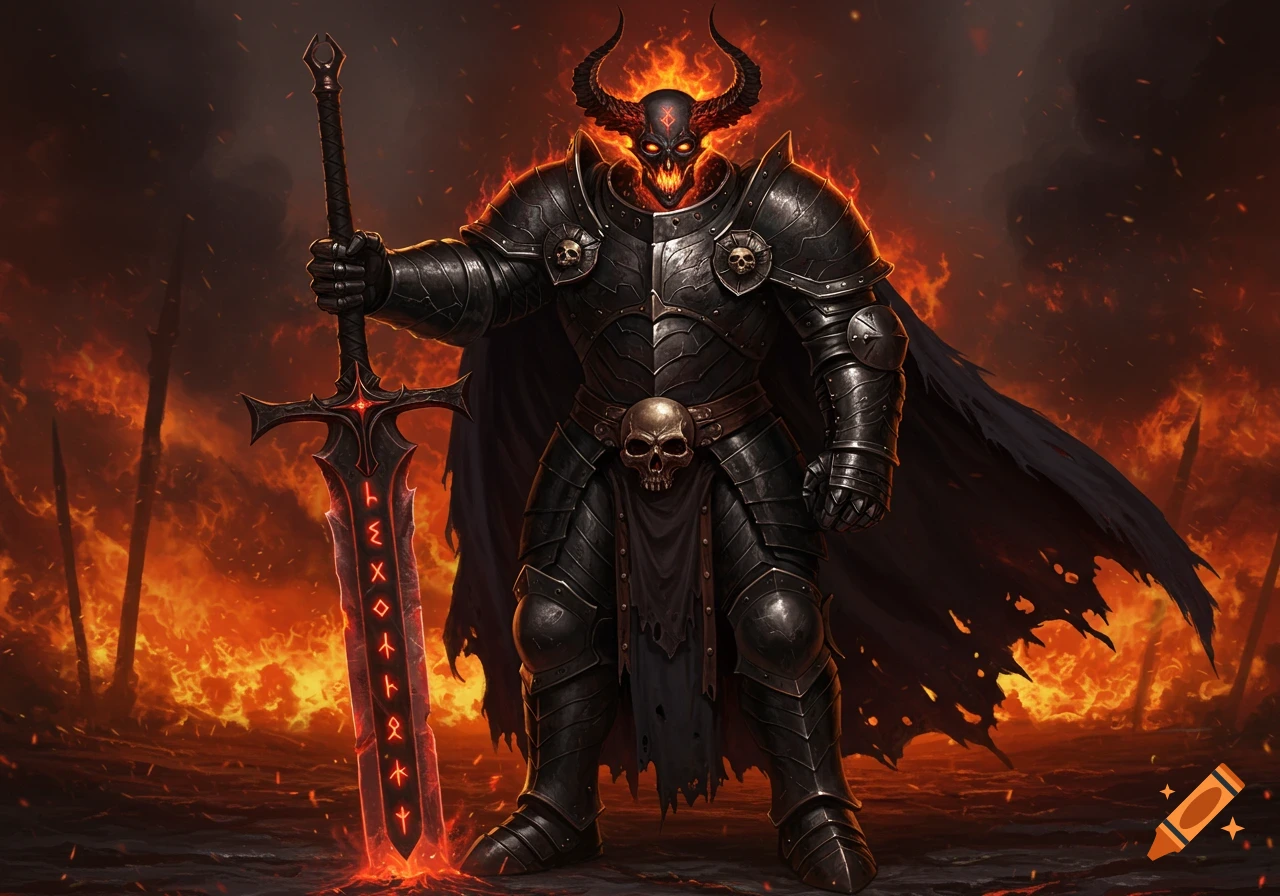 Demon general in black armor holding a large sword in a fiery landscape ...