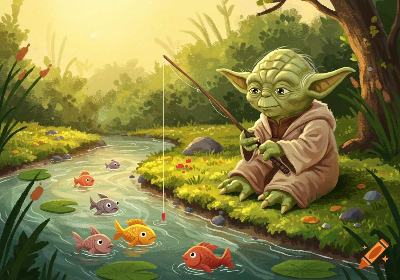 Yoda fishing in a shallow stream with several fish swimming by ...