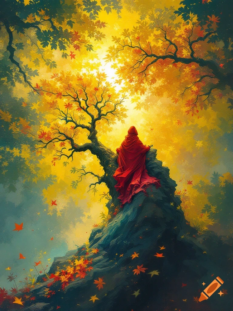 Figure in red robe sits on a rock under a large tree with golden autumn ...