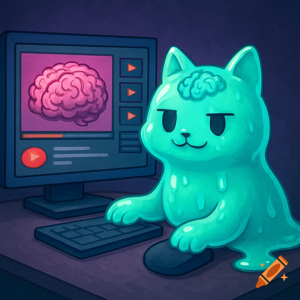 A cyan jelly cat sits at a computer, watching a brain on the monitor ...
