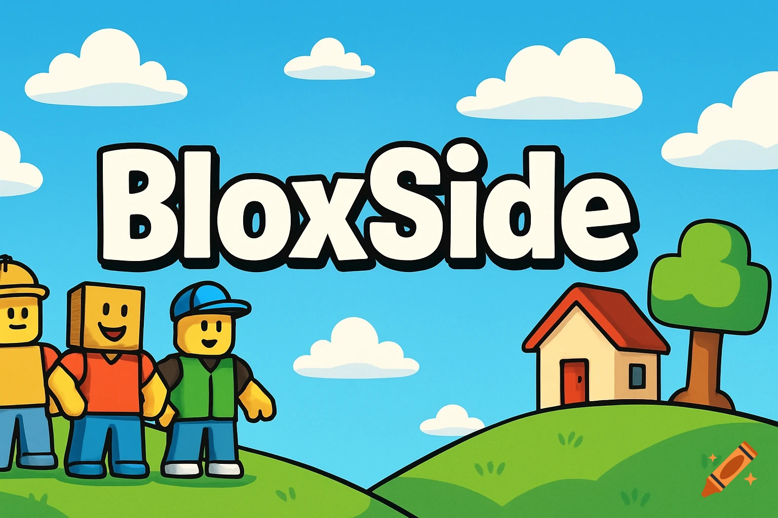 Cartoon banner with BloxSide text, Roblox-style characters, a house ...