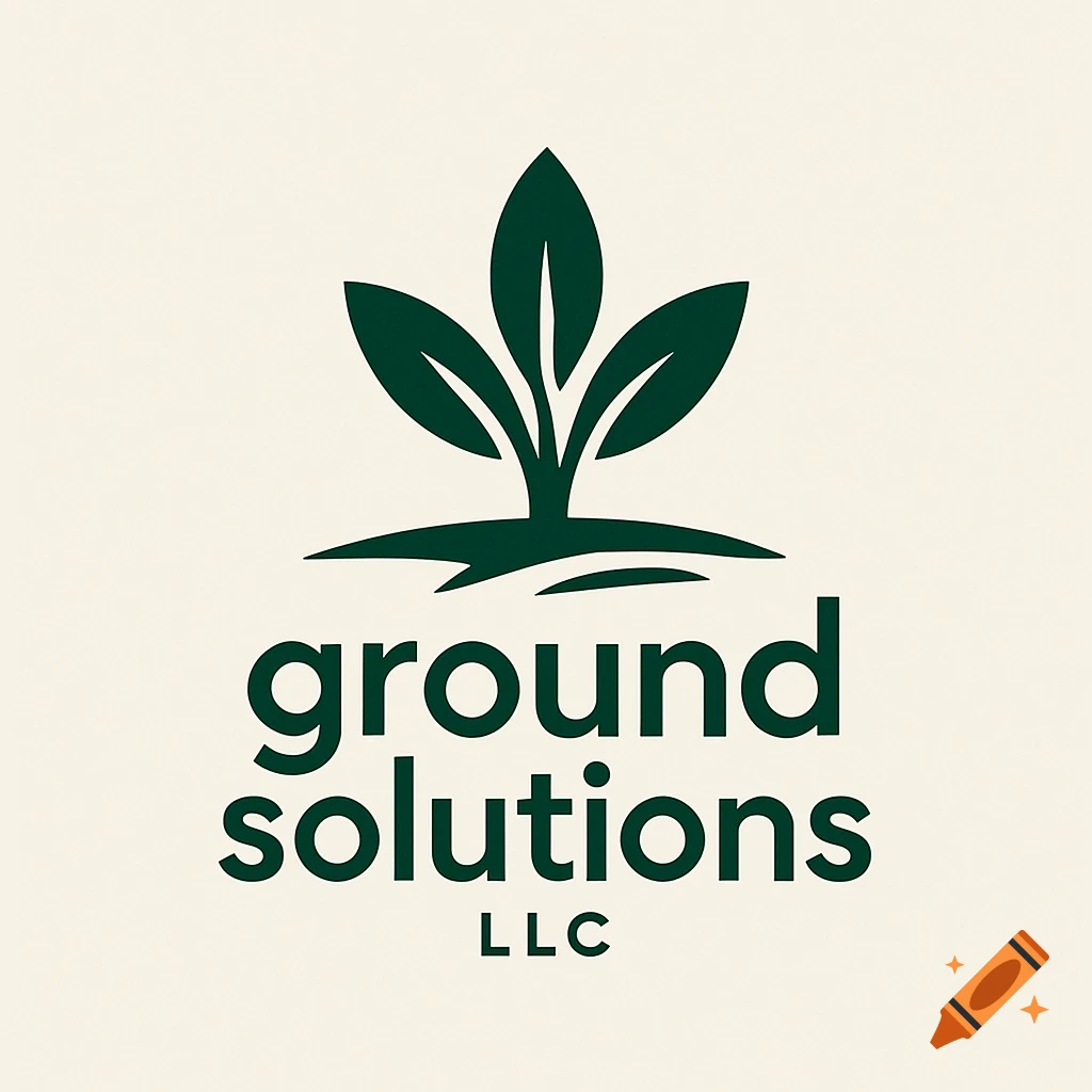 A minimalist logo for Ground Solutions LLC, featuring a green plant symbol above the company ...